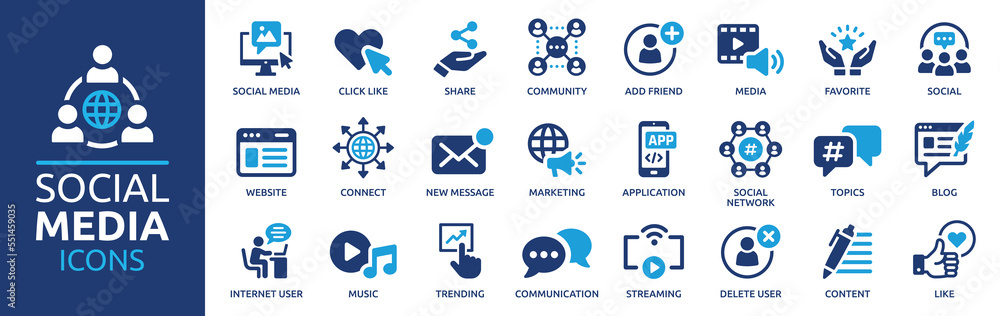 Social Media icon set. Online community, media, website, blog, content ...