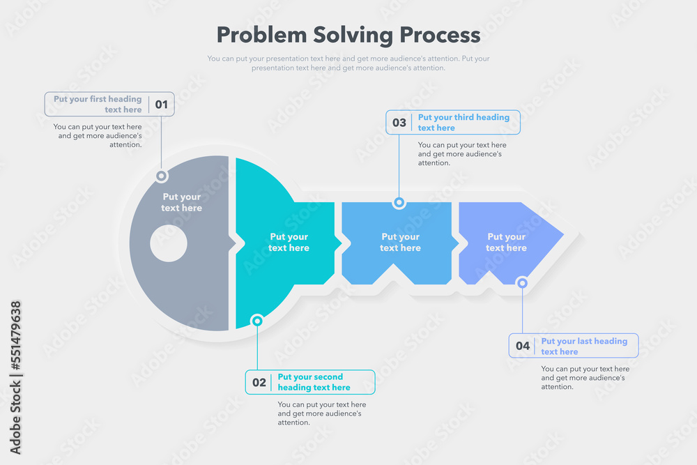 Problem solving process template with four steps and a key as a main ...