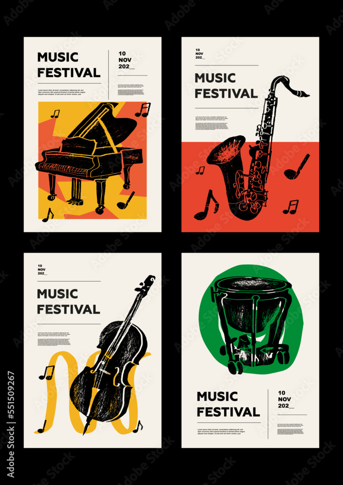 Piano, saxophone, sax, contrabass, cello, drum. Music festival poster ...