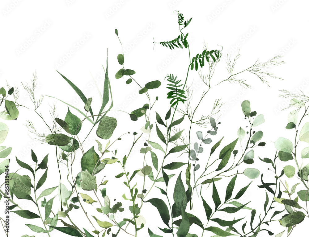 Watercolor painted greenery seamless frame. Green wild plants, branches ...