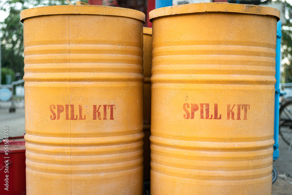 Spill kit containment box which are prepared and placed in front of the ...
