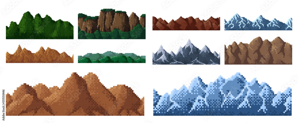 8bit pixel game mountains and hills background, vector retro 8 bit ...