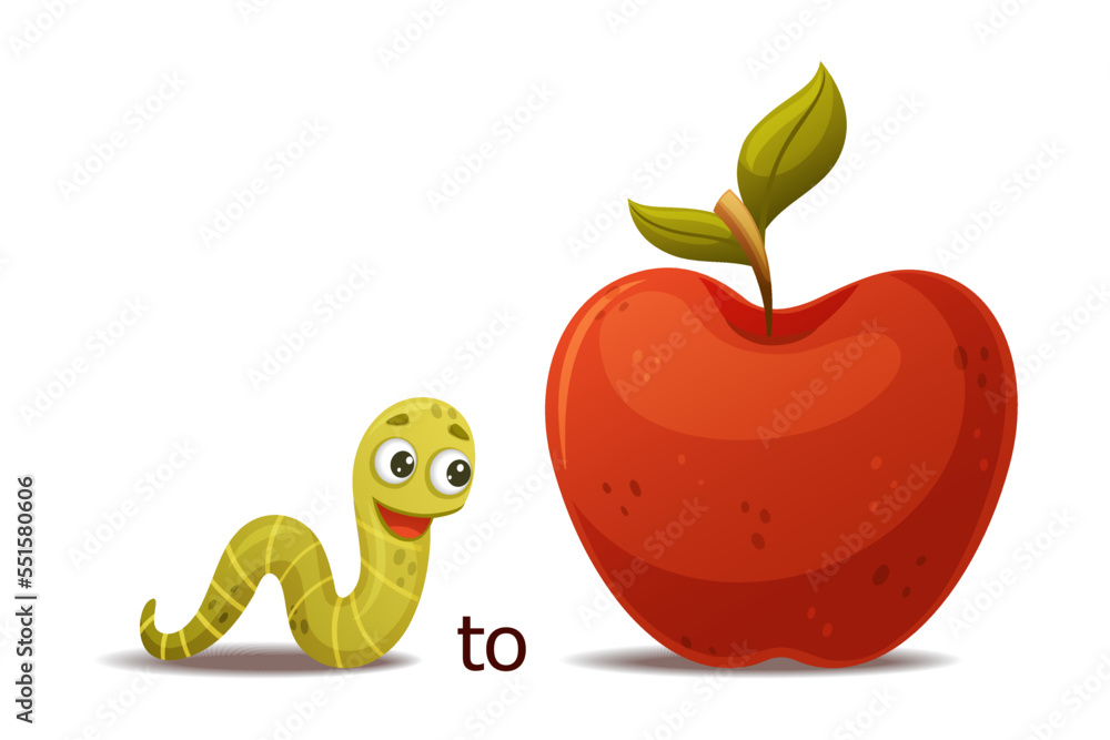 Cute Green Worm Creeping To Red Apple as English Preposition Word ...