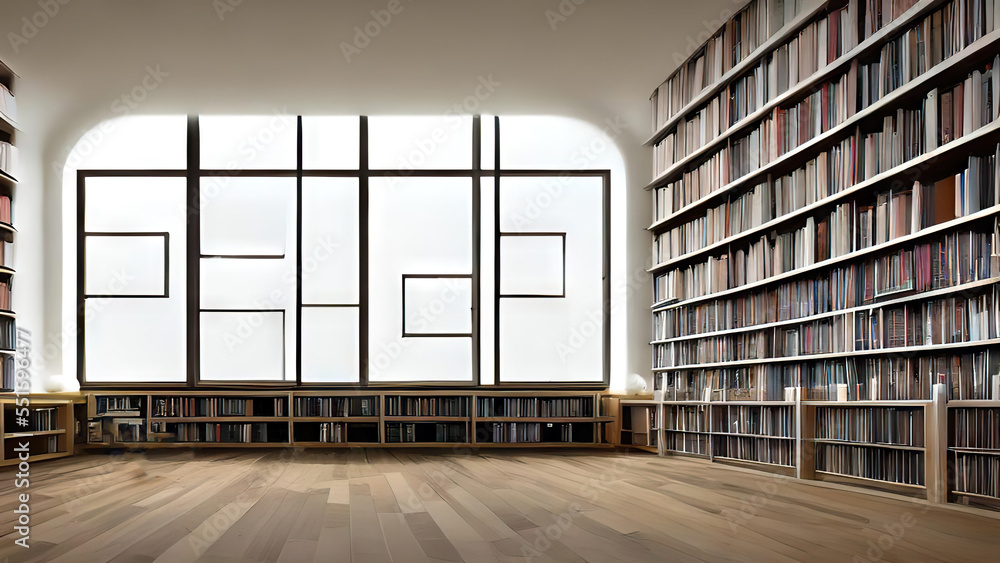 interior of bright modern library with large windows background ...