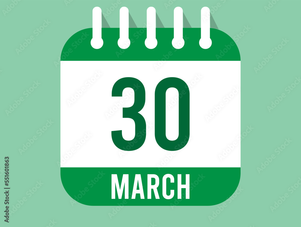 30 March day calendar icon. Calendar page in green color for the days ...