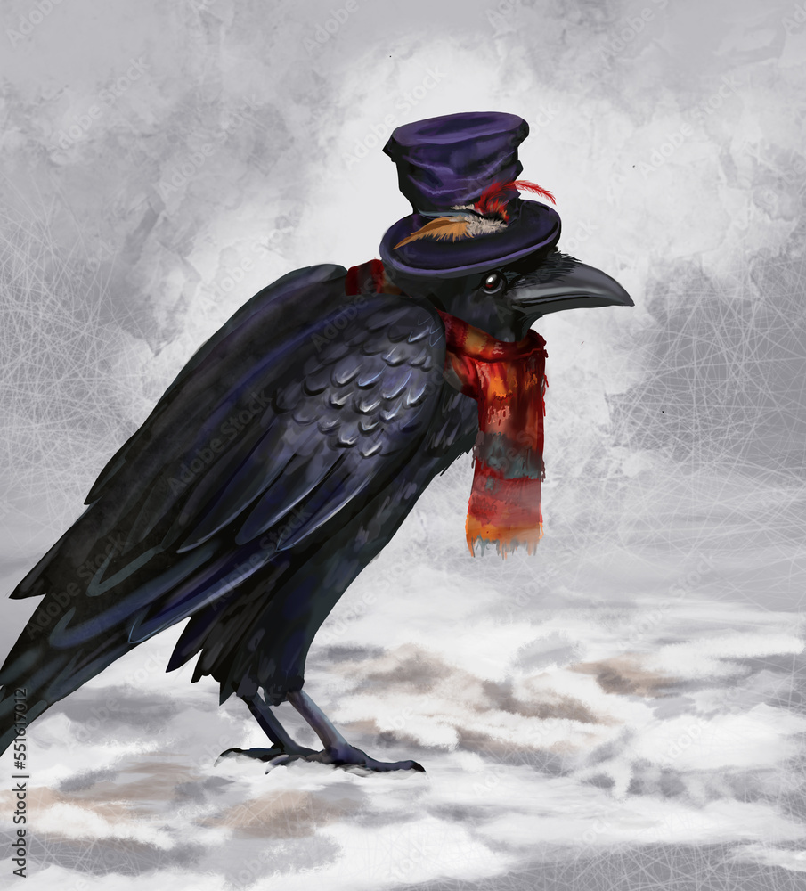 Black funny cartoon raven wearing a top hat decorated with bright ...