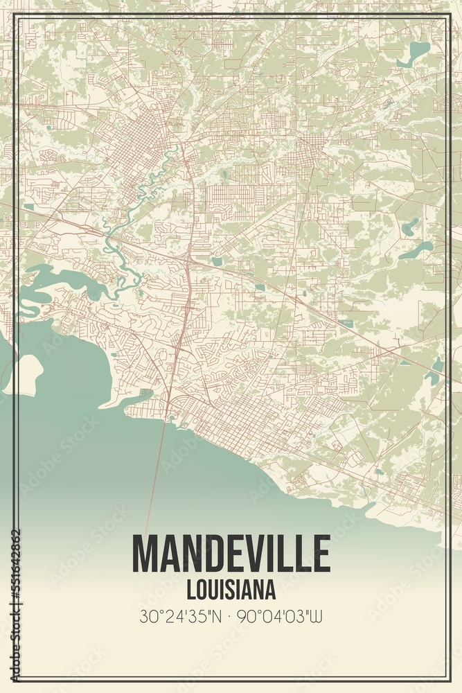 Retro US city map of Mandeville, Louisiana. Vintage street map. Stock ...