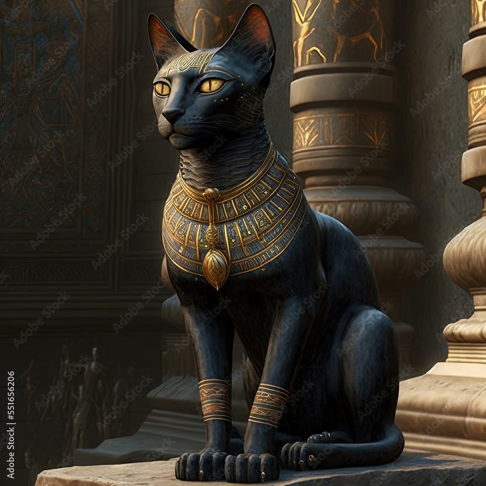 Illustration Stock Ancient Egyptian black cat with golden ornaments. Statuette in black interior ...