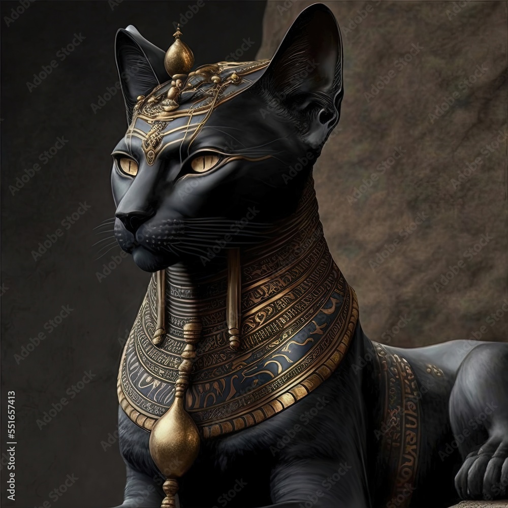 Ancient Egyptian black cat with golden ornaments. Statuette in black interior, podium. Ancient ...