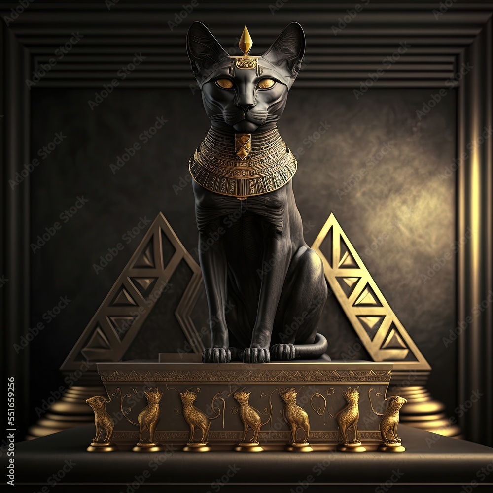 Ilustración de Stock Ancient Egyptian black cat with golden ornaments. Statuette in black ...