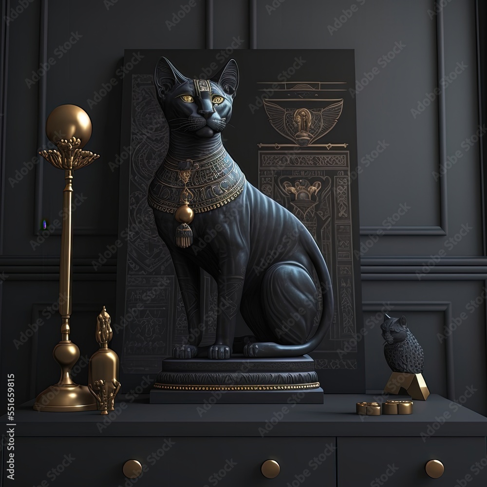 Ancient Egyptian black cat with golden ornaments. Statuette in black interior, podium. Ancient ...