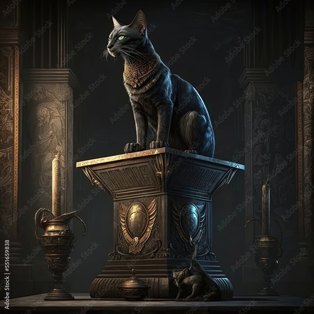 Ancient Egyptian black cat with golden ornaments. Statuette in black interior, podium. Ancient ...