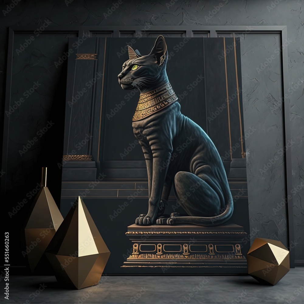 Ancient Egyptian black cat with golden ornaments. Statuette in black interior, podium. Ancient ...