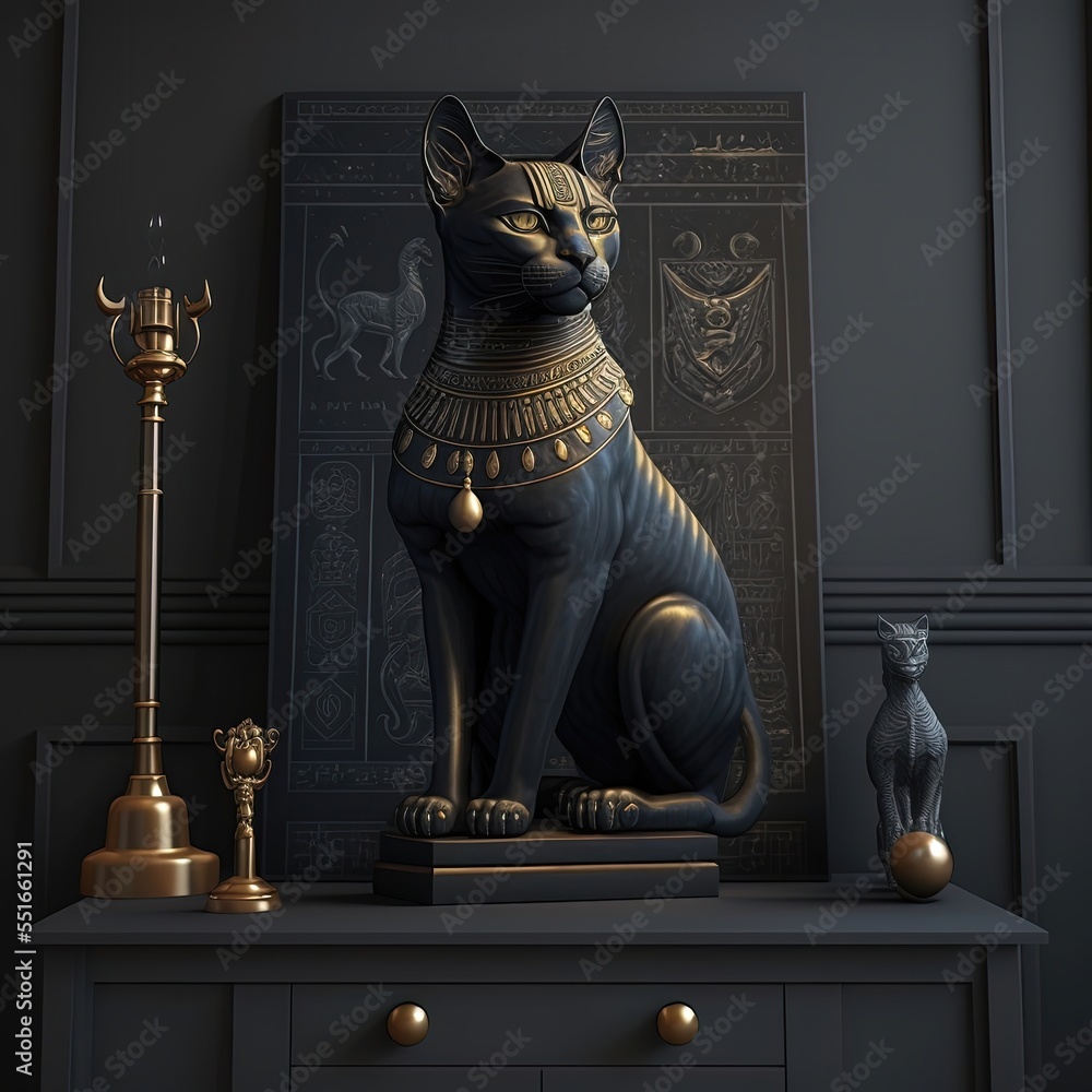 Ancient Egyptian black cat with golden ornaments. Statuette in black interior, podium. Ancient ...