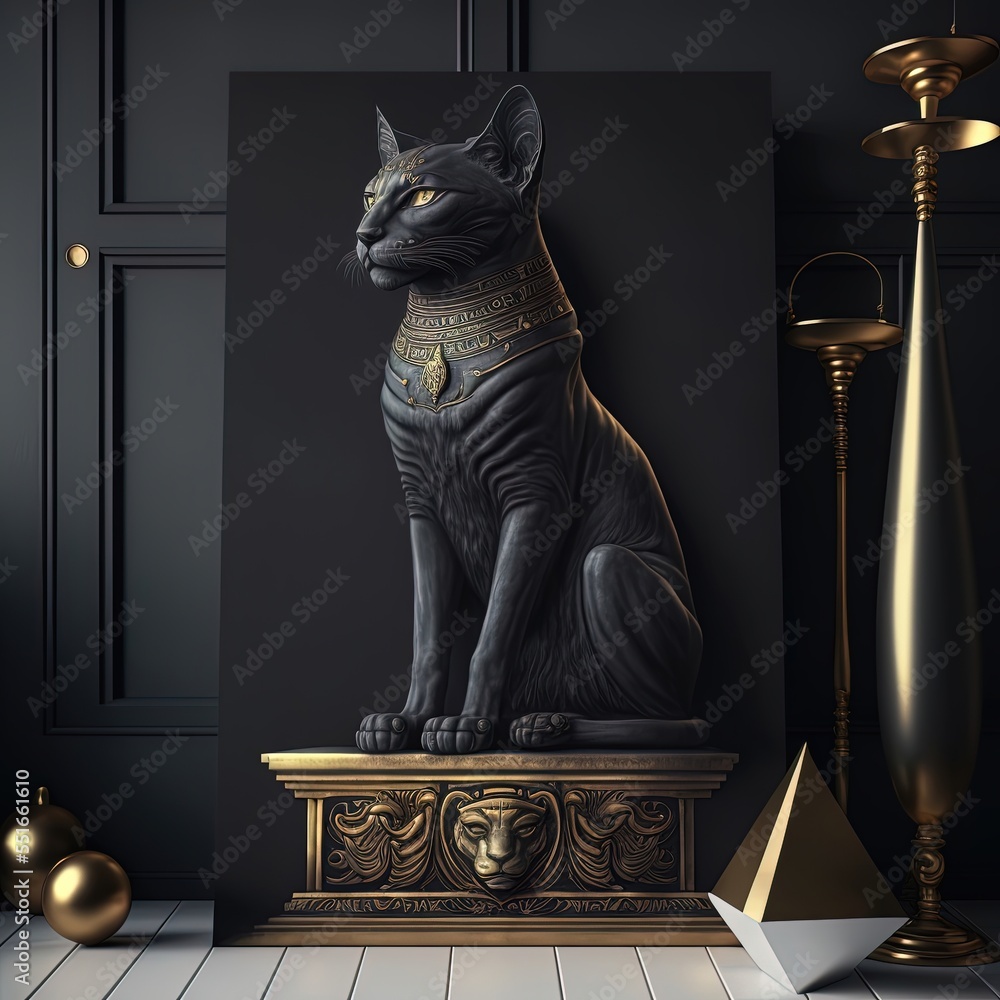 Ancient Egyptian black cat with golden ornaments. Statuette in black interior, podium. Ancient ...