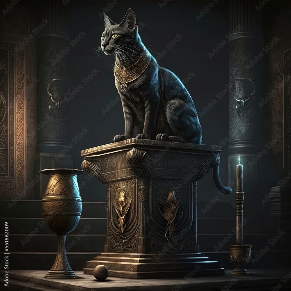 Ancient Egyptian black cat with golden ornaments. Statuette in black interior, podium. Ancient ...