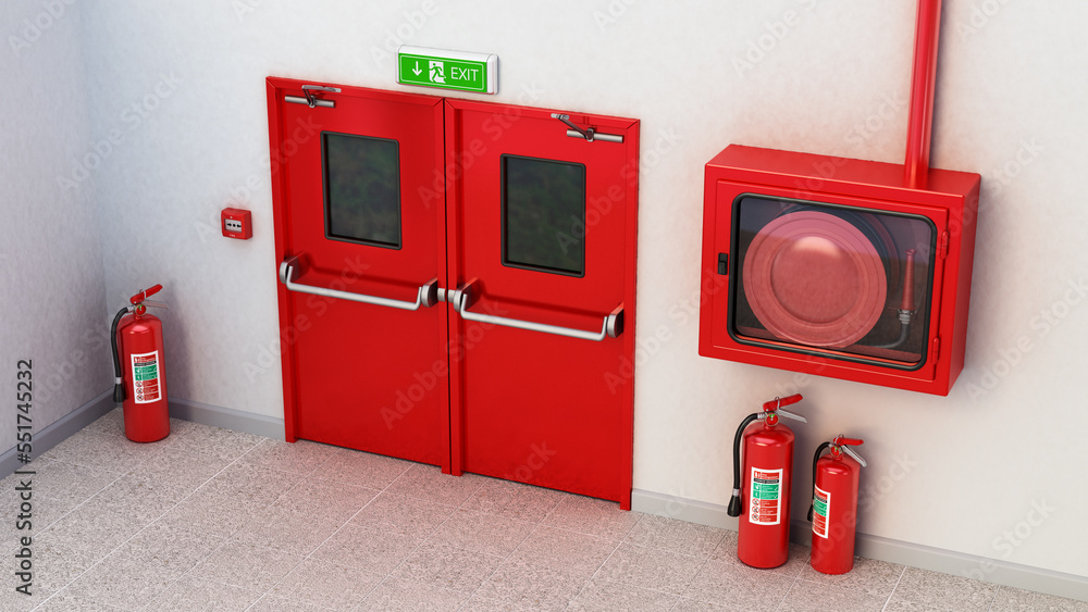 Fire exit door, exit sign, emergency fire button, extinguishers and ...