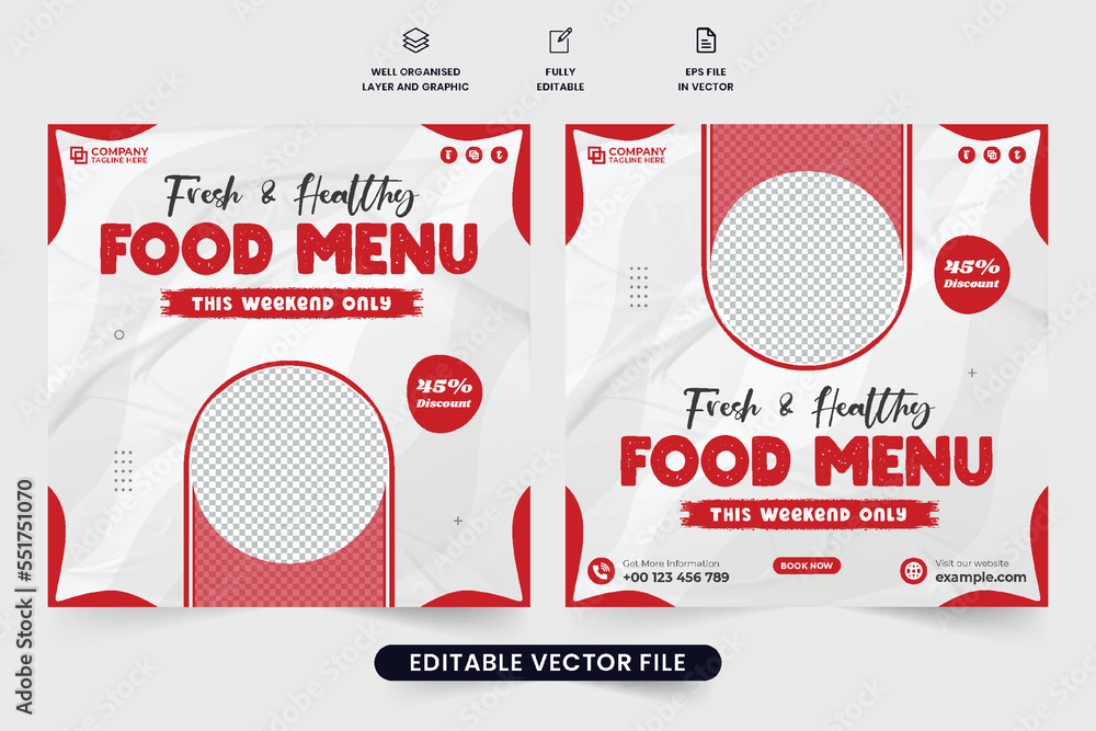 Food menu social media post vector with red and dark colors on white ...