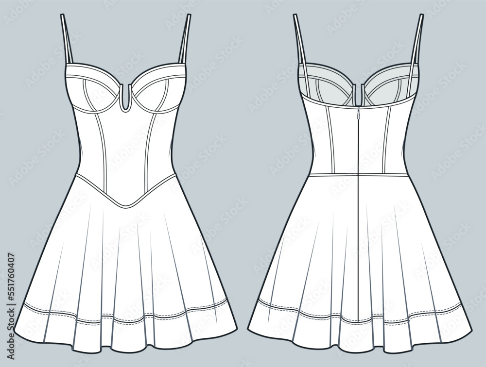 Corset mini Dress technical fashion Illustration. Dress with shoulder ...