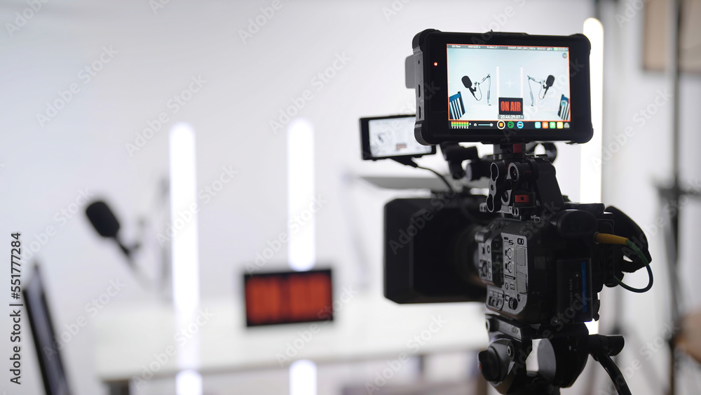 Professional camera recording podcast studio broadcasting on white ...