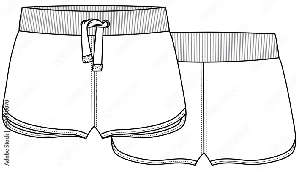 curved hem shorts flat sketch vector illustration front and back ...
