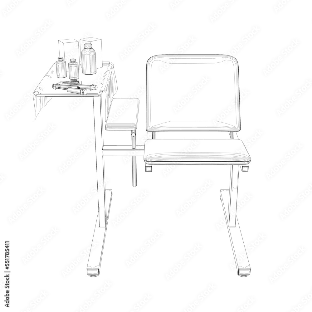 Outline of a hospital chair with a table on the side with medicines and ...