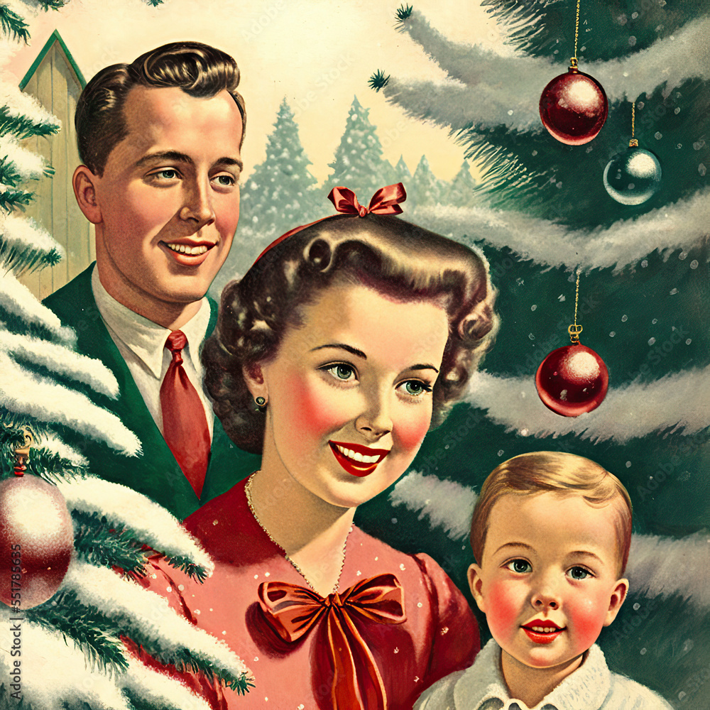 Ilustración de Stock 1950s vintage christmas card of a fictional family ...