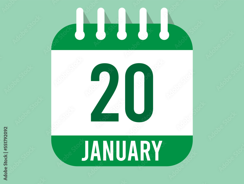 20 January day calendar icon. Calendar page in green color for the days ...