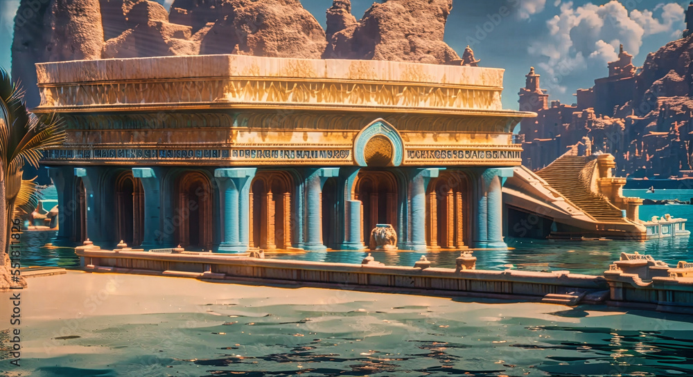 fantasy illustration of ancient egyptian golden blue stone temple ...