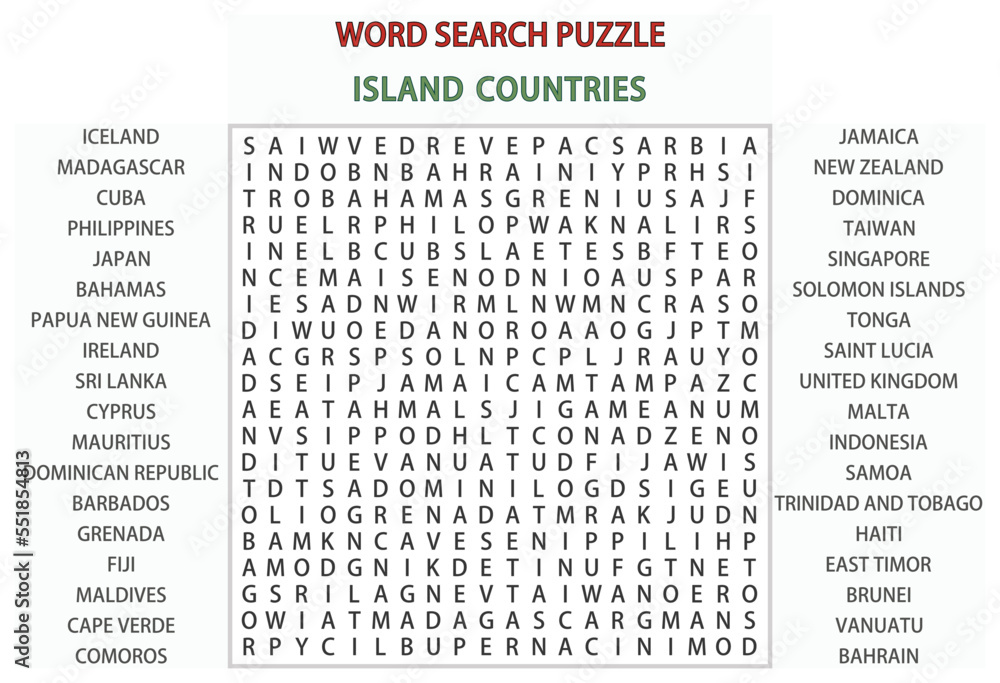 Word search puzzle vector (Word find game) illustration. Island ...
