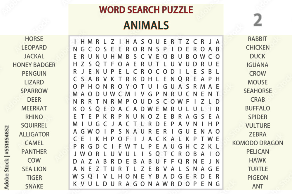 Word search puzzle vector (Word find game) illustration. Animals - 02 ...