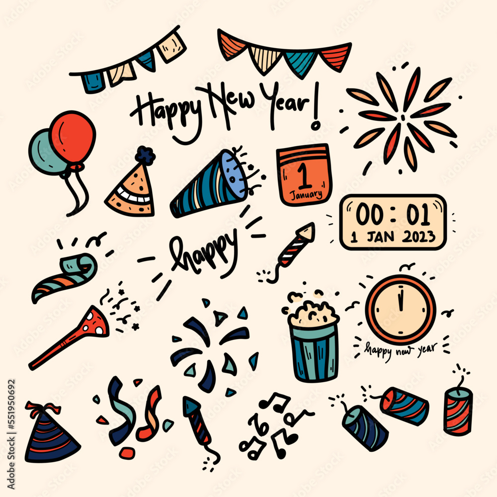 Set of Cartoon Happy New Years' Doodle Vector Illustration, Handdrawn ...