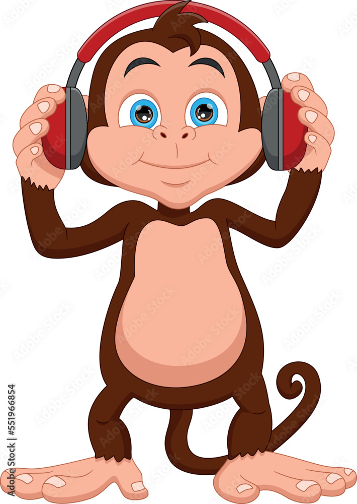cartoon baby monkey listening to music Stock Vector | Adobe Stock