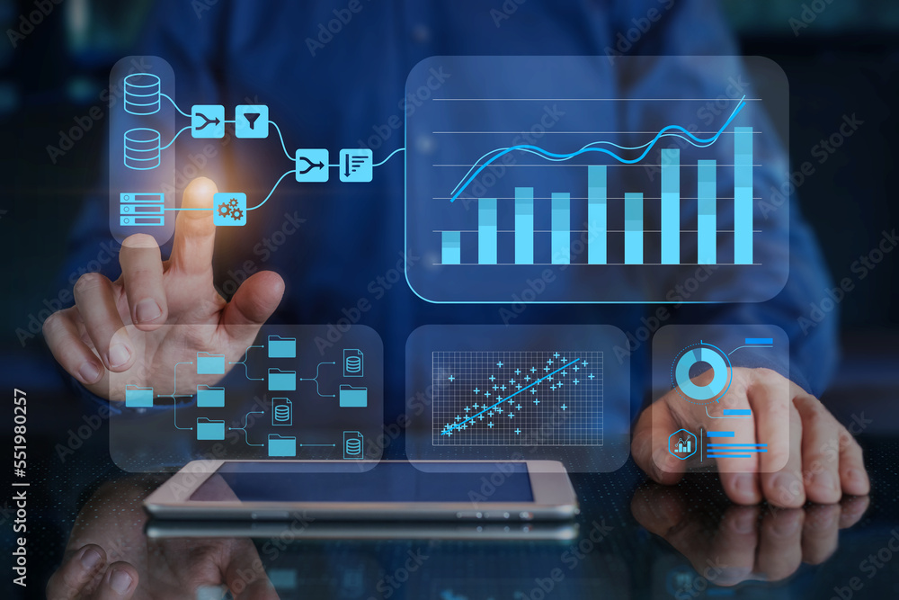 Business analytics and data management system. Data analyst creating insight dashboard with ...