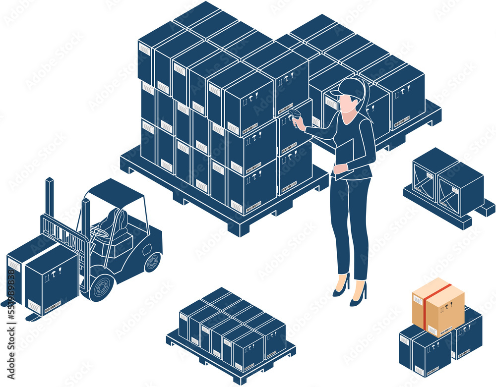 3D isometric Smart logistics concept with worker scanning barcode on ...
