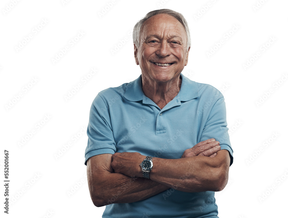 png Shot of an older man smiling at the camera with his arms crossed in ...
