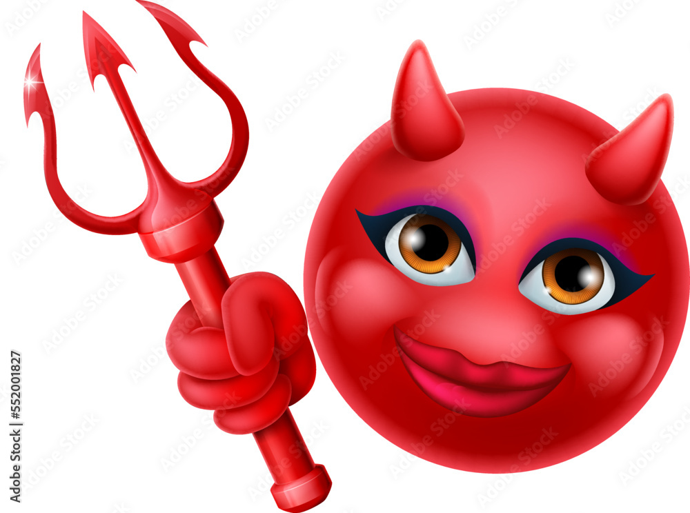 A red devil or satan emoji emoticon female woman face holding a trident ...