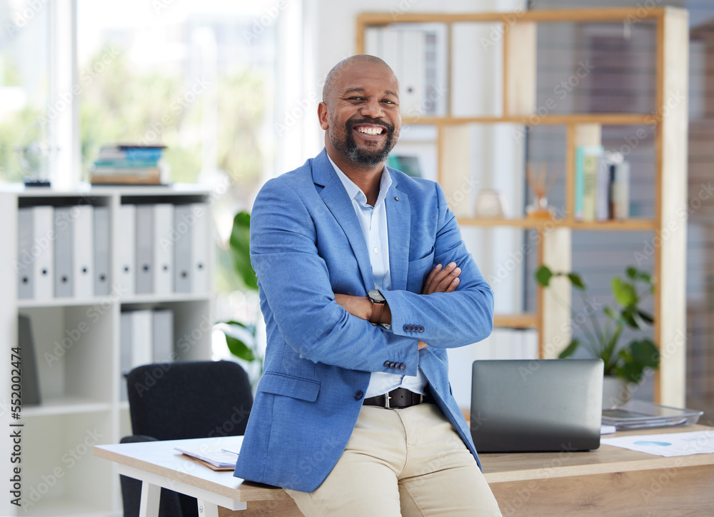 Success, corporate leadership and portrait of black man sitting on desk ...