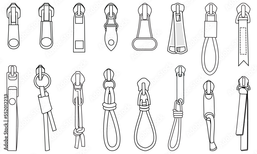zipper pullers vector illustration zip heads, zipper sliders flat ...