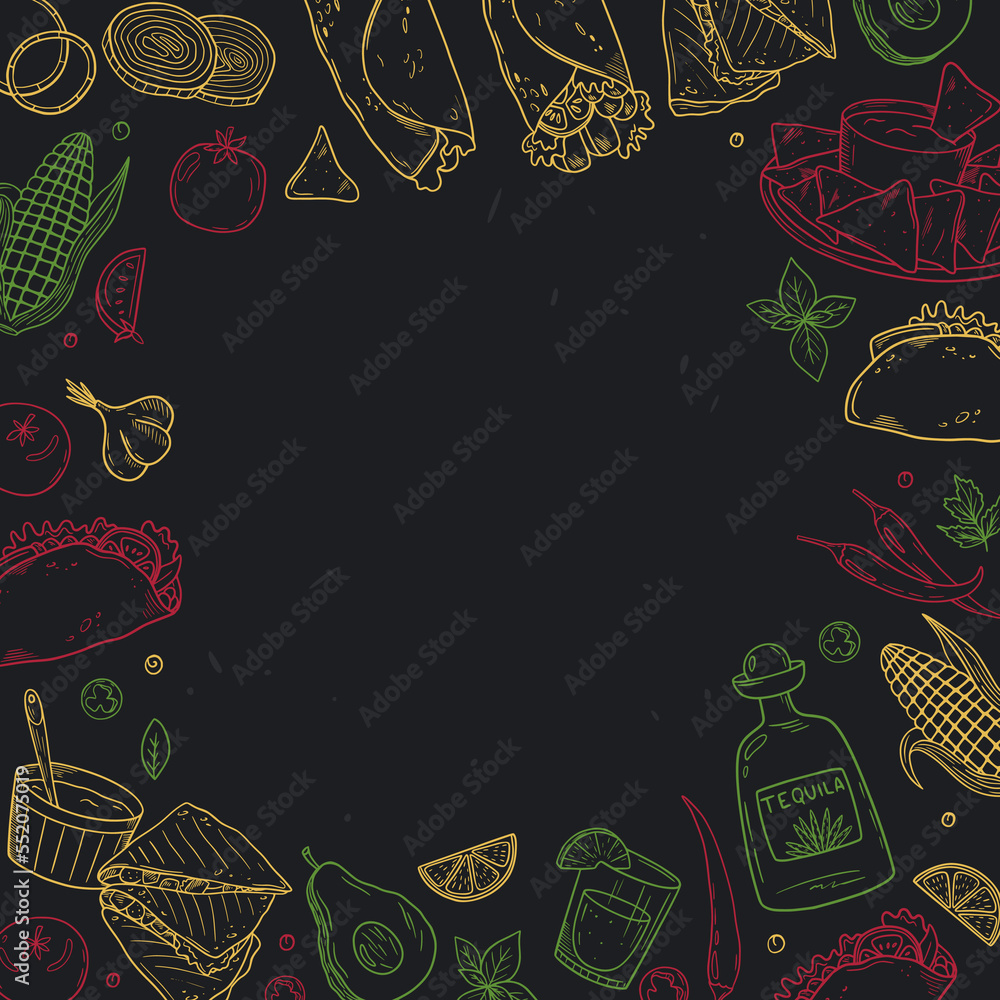 Mexican food frame on black background. Cuisine mexicaine. Linear ...