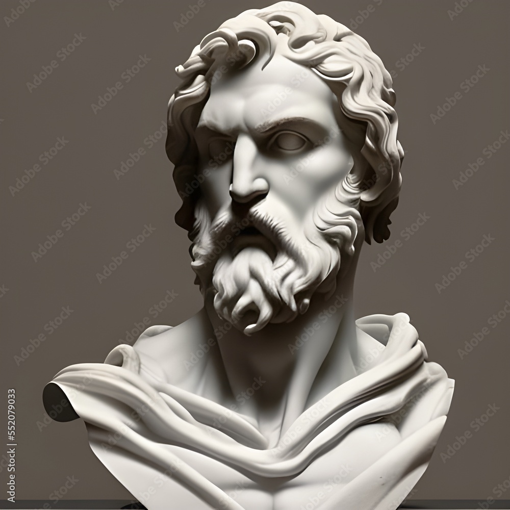 3D illustration featuring a chiseled white marble statue bust of Greek ...