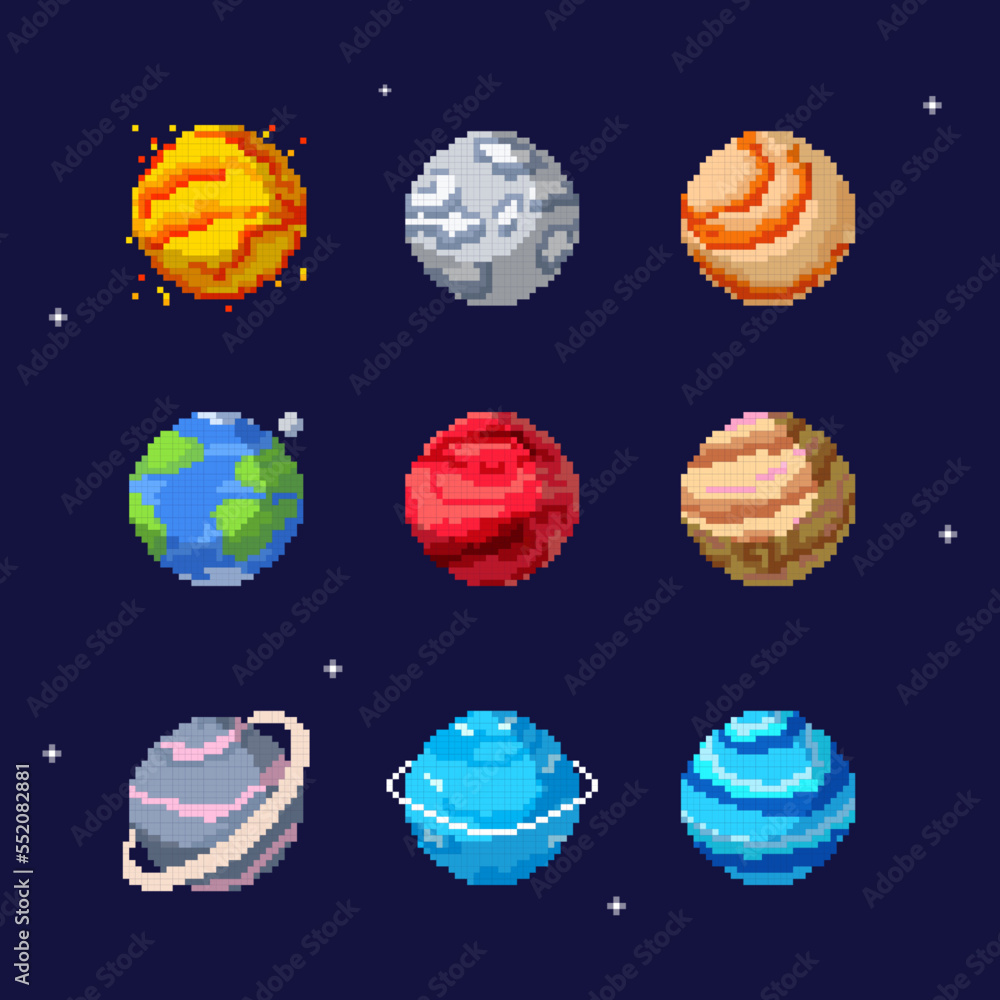 Pixel planets vector set. Solar system planets: Mercury, Venus, Earth ...
