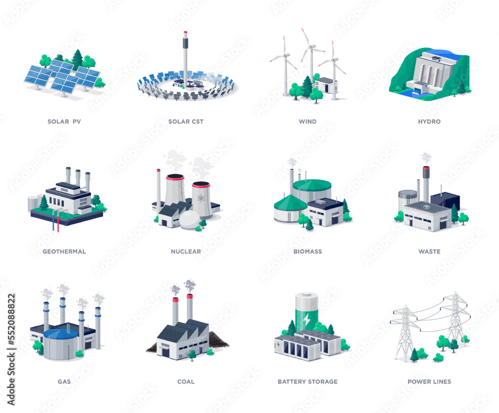 Isolated electric energy power station generation types. Mix of solar ...