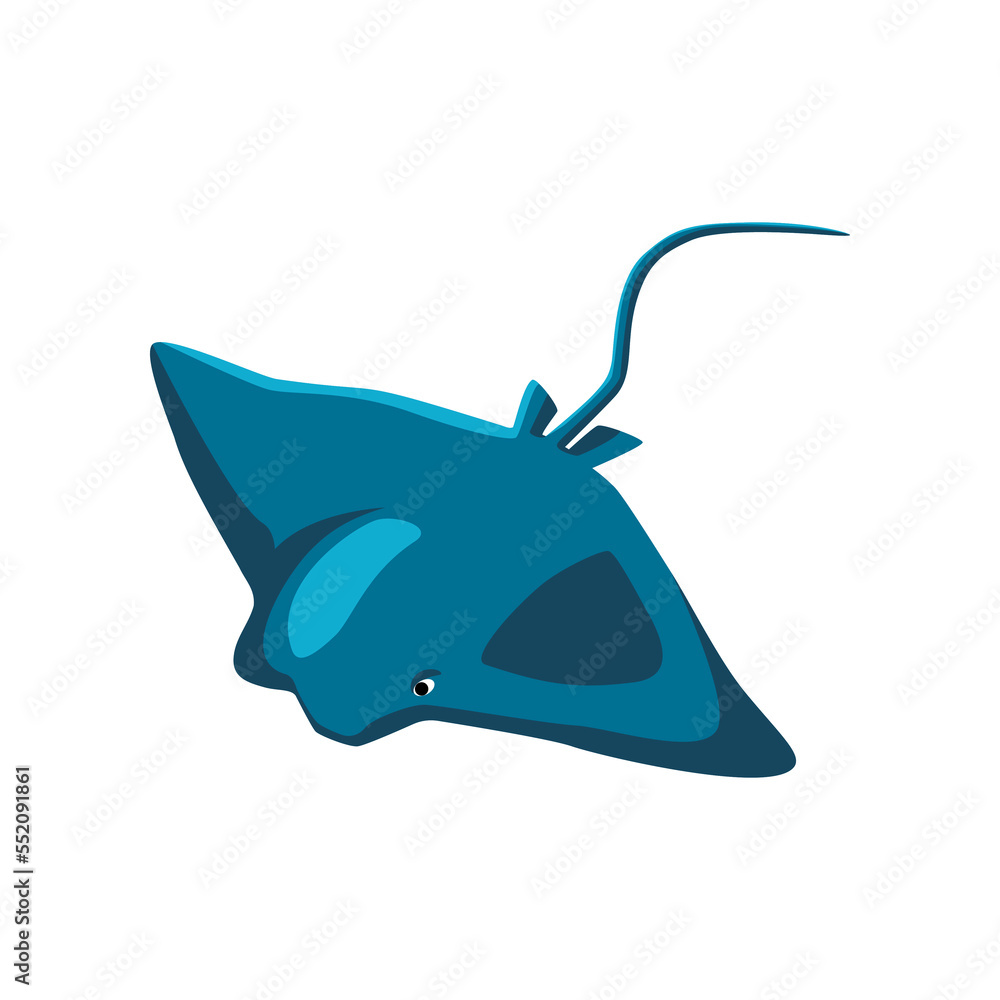 Comic blue stingray top view flat vector illustration. Cute fish ...
