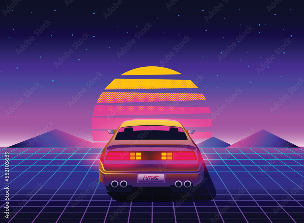 Retro 80s sci-fi futuristic style background with supercar. Vector retro futuristic synth wave ...