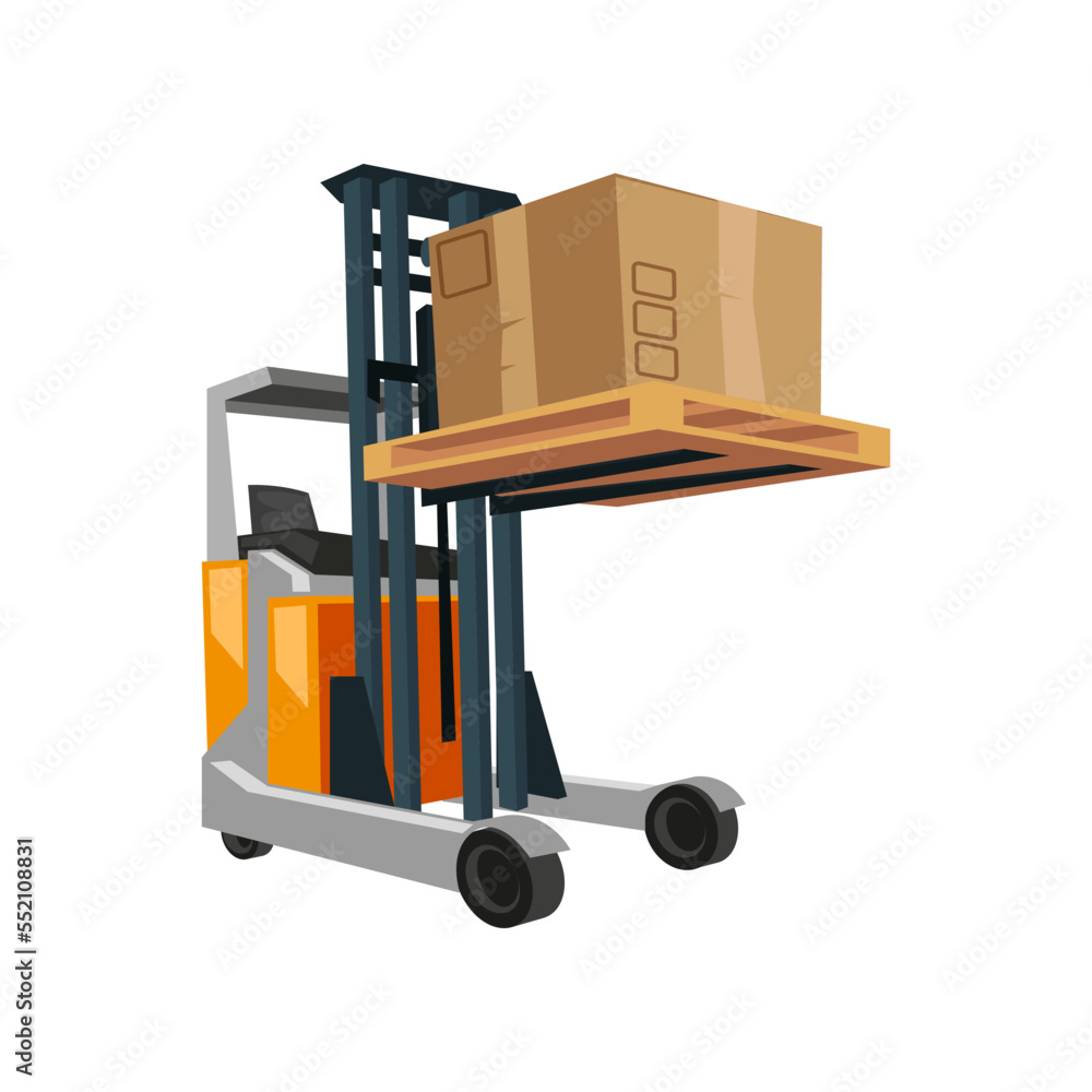 Reach truck forklift lifting boxes cartoon illustration. Industrial ...
