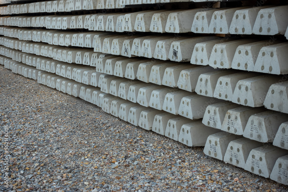 Stacks of concrete railway sleepers at the construction site of a new ...