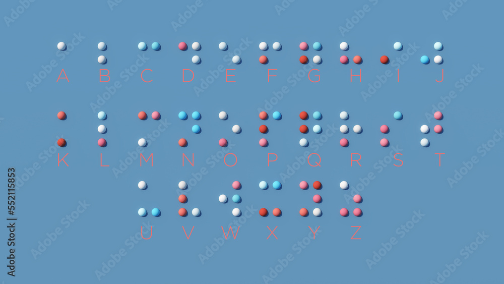 Braille alphabet Text System White Pink Red Blue Formed out of Raised ...