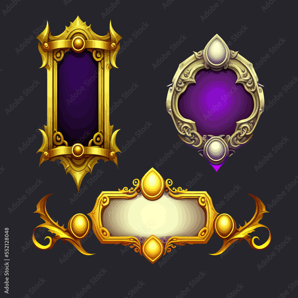Game ui frames, gold medieval menu elements avatar UI fantasy gold ...