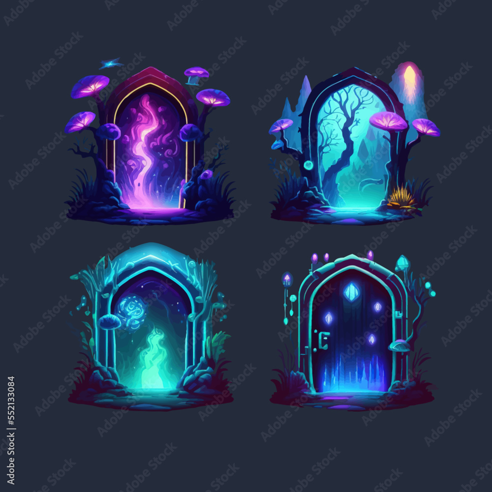 Cartoon portals. Magic fantasy game teleport. Flat cartoon illustration ...